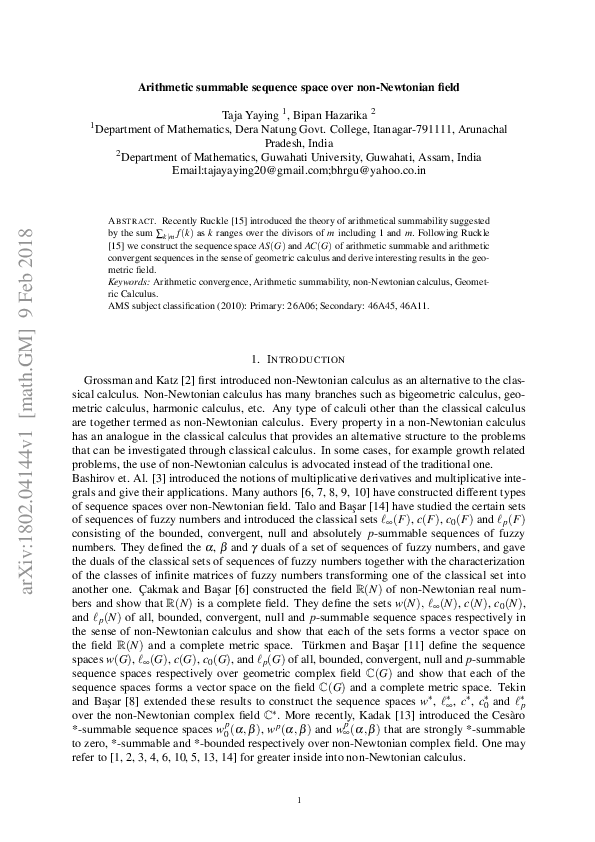 Pdf Arithmetic Summable Sequence Space Over Non Newtonian Field
