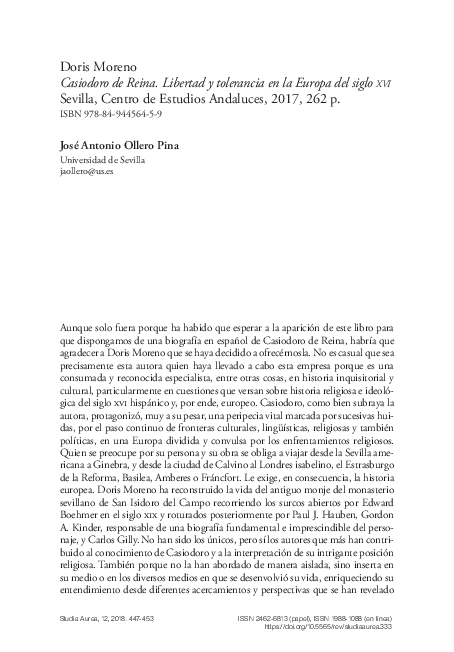 (PDF) Doris Moreno. Casiodoro de Reina. Libertad y tolerancia en la ...