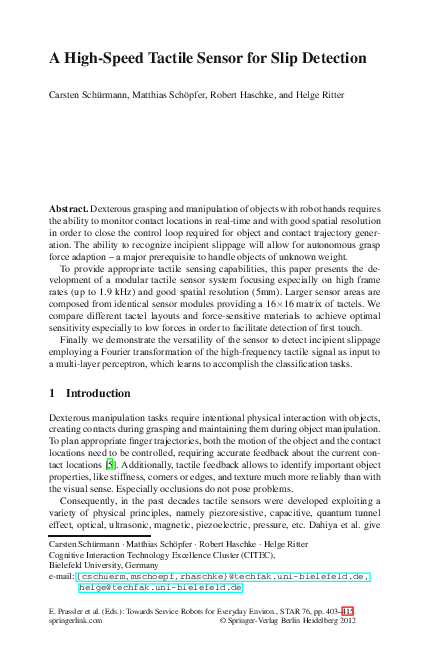 Pdf A High Speed Tactile Sensor For Slip Detection