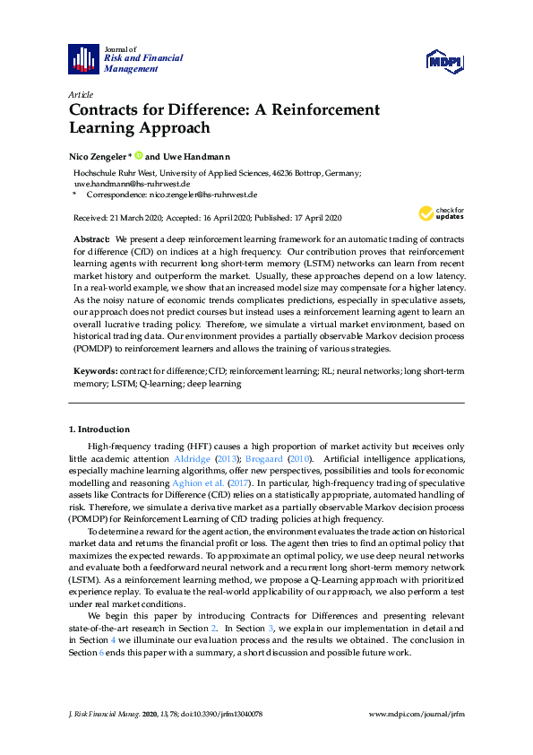 (PDF) Contracts for Difference: A Reinforcement Learning Approach