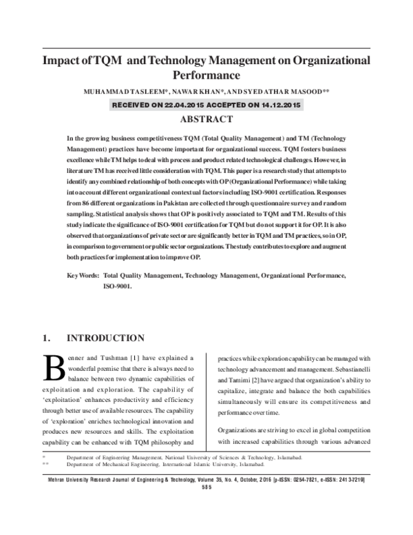 (PDF) Impact of TQM and Technology Management on Organizational Performance