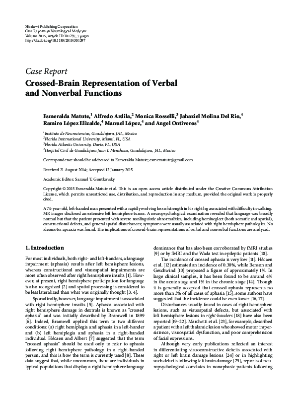 (PDF) Crossed-Brain Representation of Verbal and Nonverbal Functions
