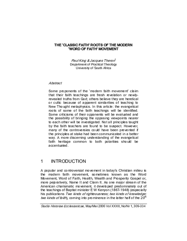 (PDF) The 'classic faith' roots of the modern 'word of faith' movement