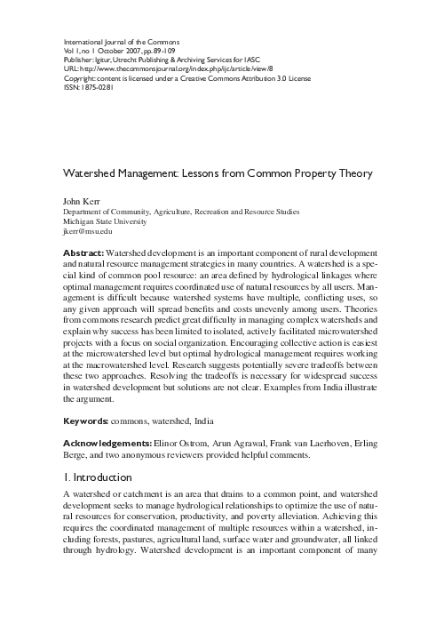 (PDF) Watershed Management: Lessons from Common Property Theory