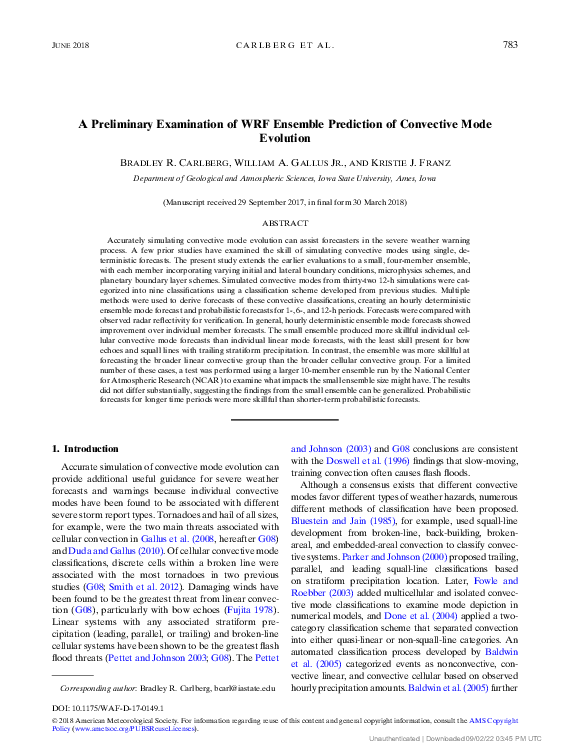 (PDF) A Preliminary Examination of WRF Ensemble Prediction of Convective Mode Evolution
