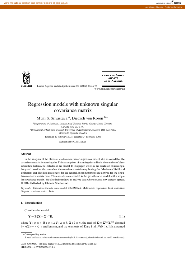 Pdf Regression Models With Unknown Singular Covariance Matrix Muni