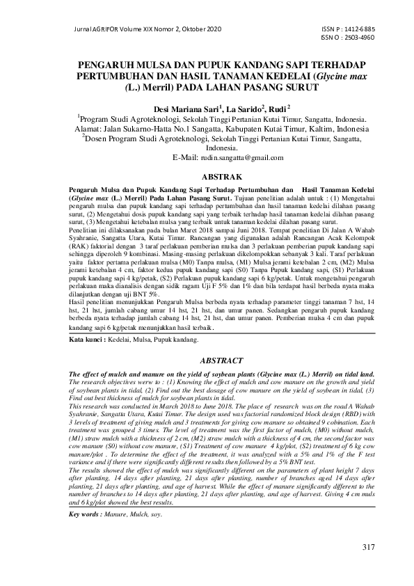 (PDF) PENGARUH MULSA DAN PUPUK KANDANG SAPI TERHADAP PERTUMBUHAN DAN HASIL TANAMAN KEDELAI ...