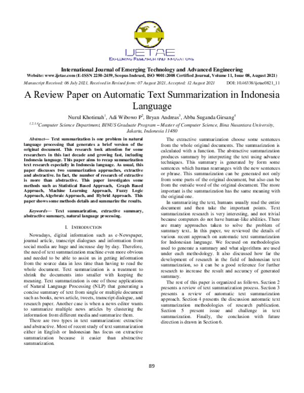 Pdf A Review Paper On Automatic Text Summarization In Indonesia Language
