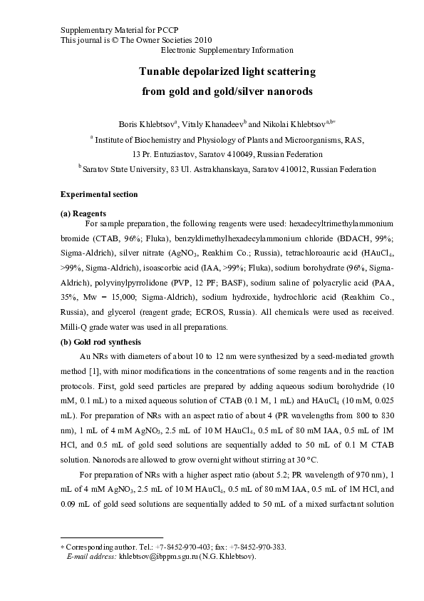 (PDF) Tunable depolarized light scattering from gold and gold/silver nanorods