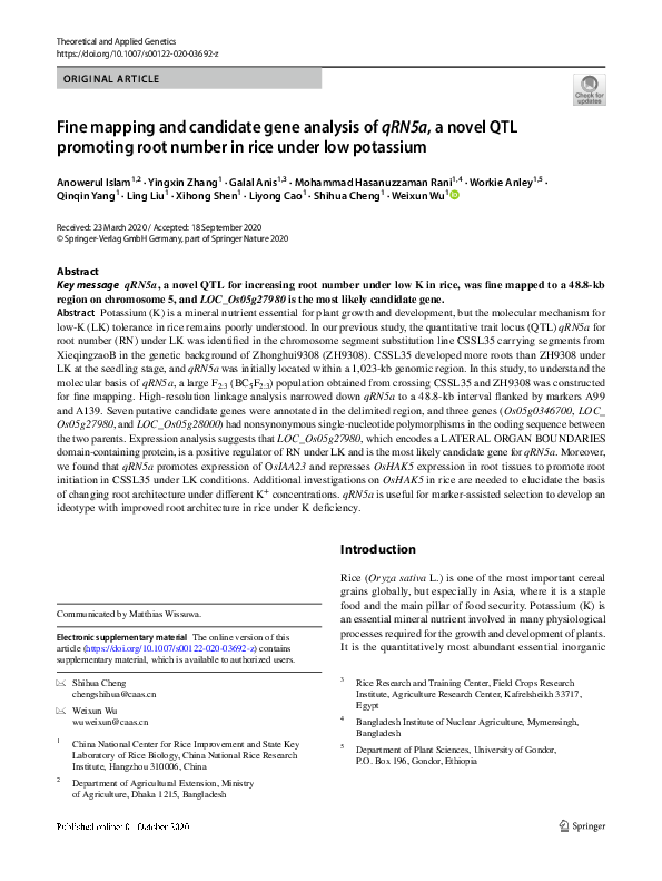 (PDF) Fine mapping and candidate gene analysis of qRN5a, a novel QTL promoting root number in ...