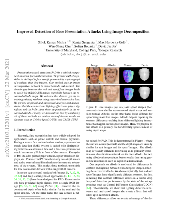 (PDF) Improved Detection of Face Presentation Attacks Using Image ...