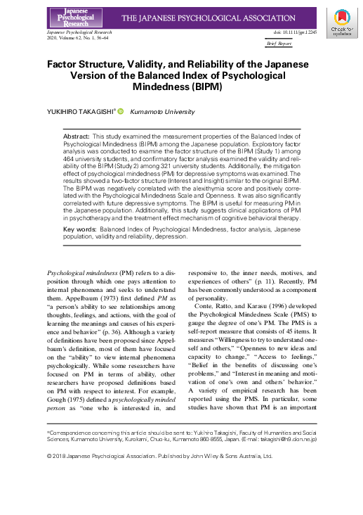 Pdf Factor Structure Validity And Reliability Of The Japanese Version Of The Balanced Index