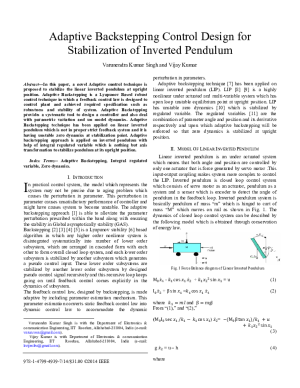 (PDF) Adaptive backstepping control design for stabilization of inverted pendulum