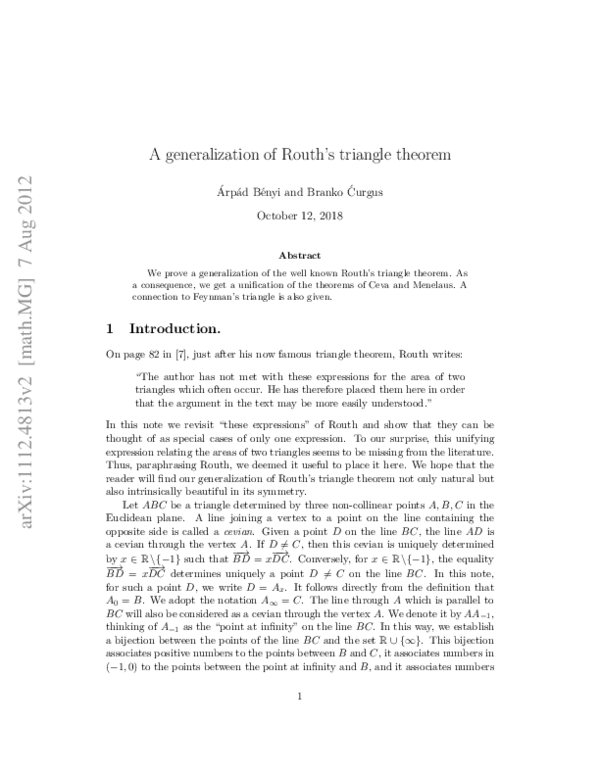 (PDF) A Generalization of Routh’s Triangle Theorem