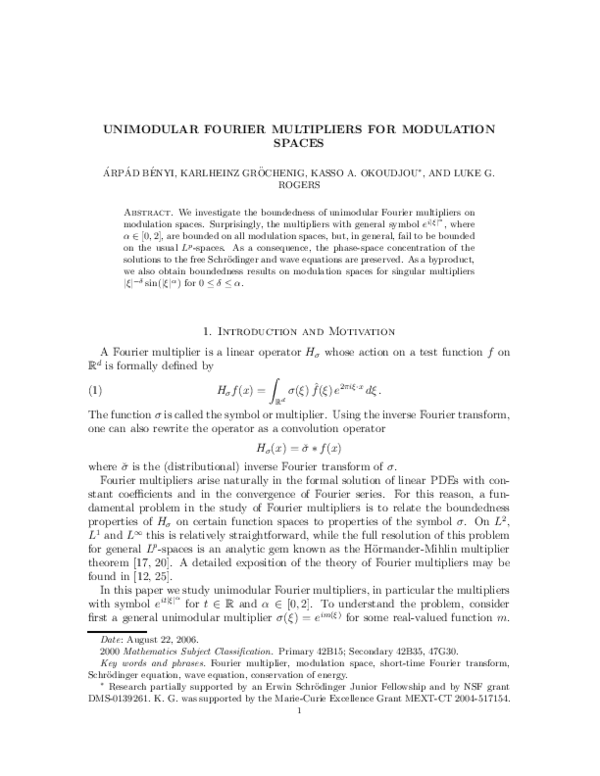 Pdf Unimodular Fourier Multipliers For Modulation Spaces Árpád