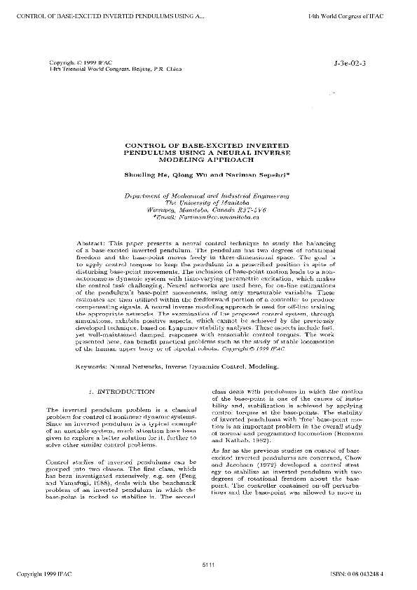 Pdf Control Of Base Excited Inverted Pendulums Using A Neural Inverse Modeling Approach