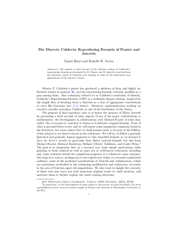 (PDF) The discrete Calderón reproducing formula of Frazier and Jawerth