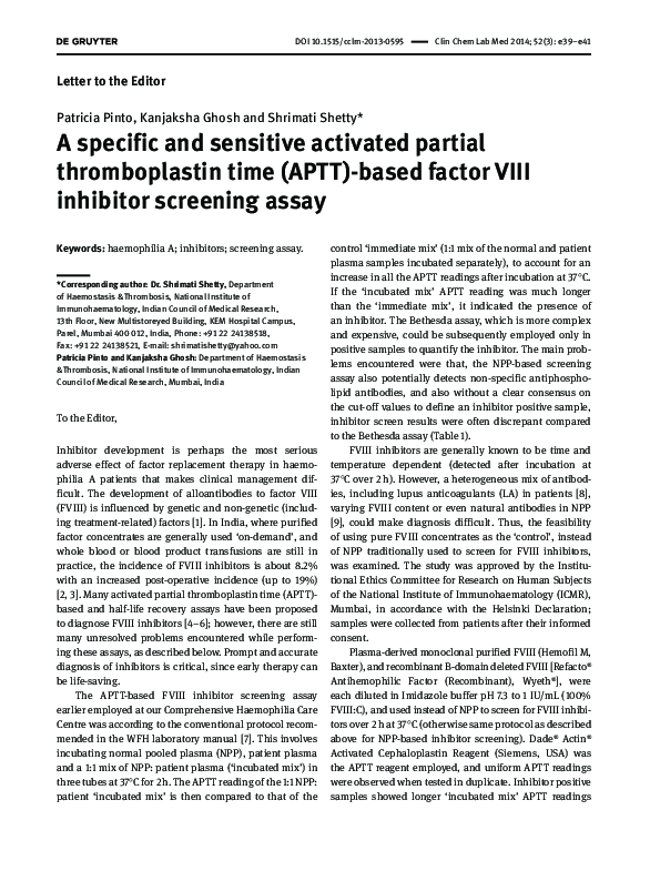 (PDF) A specific and sensitive activated partial thromboplastin time ...
