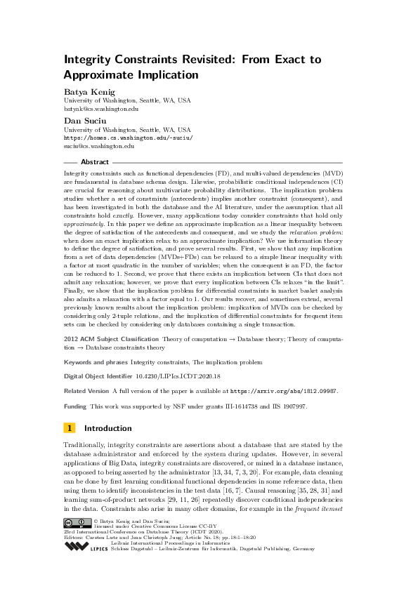 (PDF) Integrity Constraints Revisited: From Exact to Approximate Implication | Dan Suciu ...