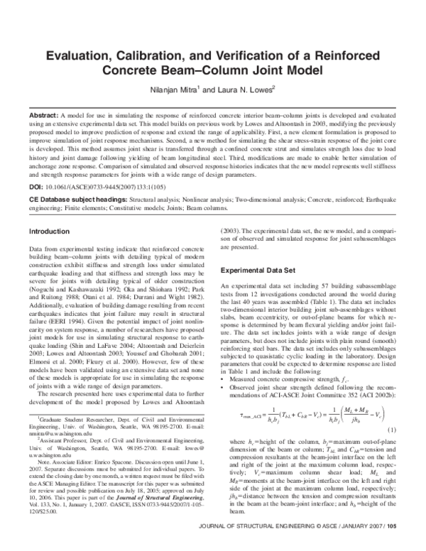 Pdf Evaluation Calibration And Verification Of A Reinforced Concrete Beam Column Joint Model