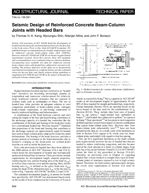 (PDF) Seismic Design of Reinforced Concrete Beam-Column Joints with Headed Bars