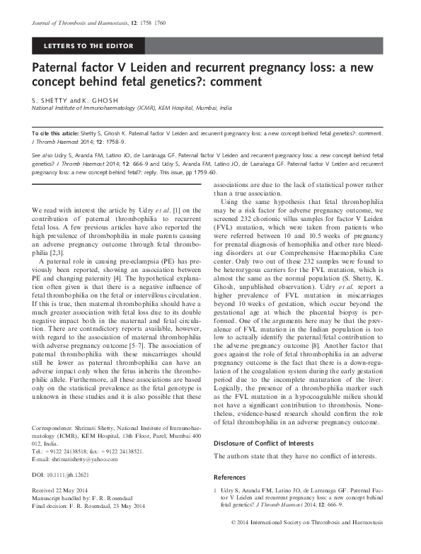 (PDF) Paternal factor V Leiden and recurrent pregnancy loss: a new ...