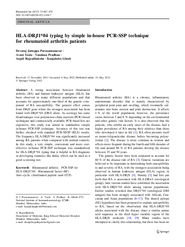 (PDF) HLA-DRβ1*04 typing by simple in-house PCR-SSP technique for ...