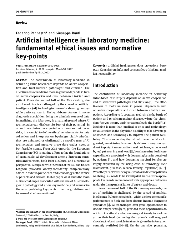 (PDF) Artificial intelligence in laboratory medicine: fundamental ...