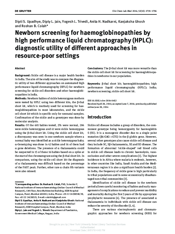 (PDF) Newborn screening for haemoglobinopathies by high performance ...