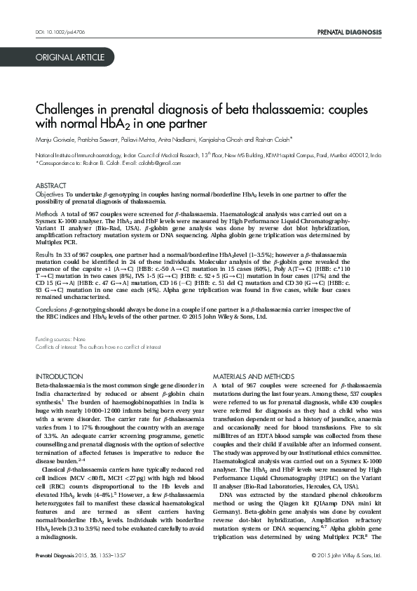 (PDF) Challenges in Prenatal Diagnosis of Beta Thalassaemia: Couples with Normal HbA 2 in One ...