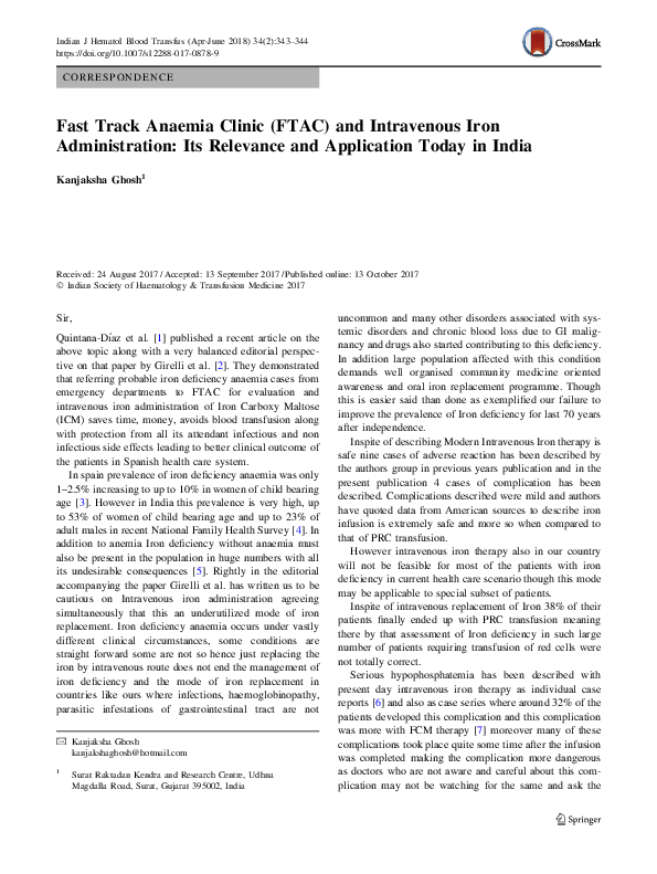 (PDF) Fast Track Anaemia Clinic (FTAC) and Intravenous Iron ...