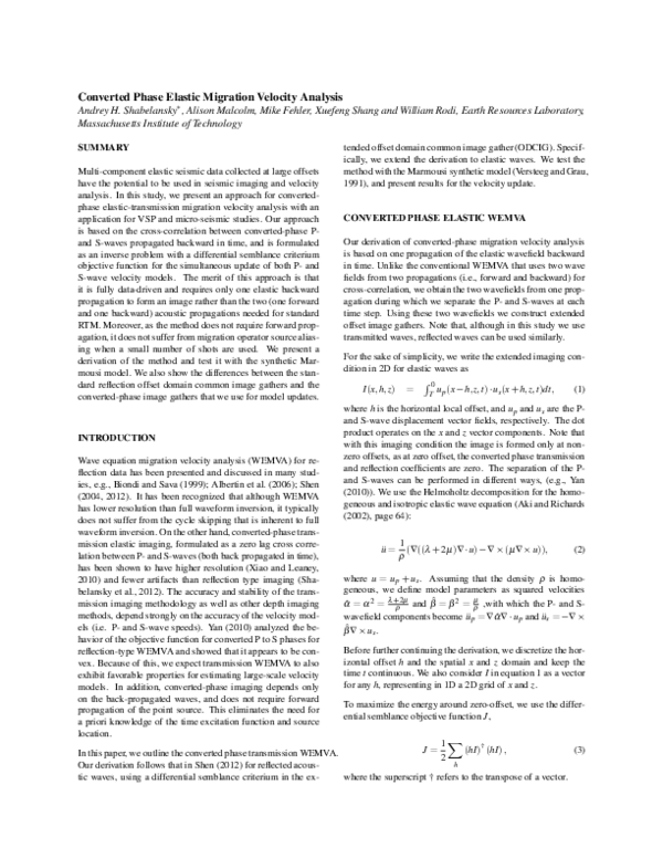 Pdf Converted Phase Elastic Migration Velocity Analysis