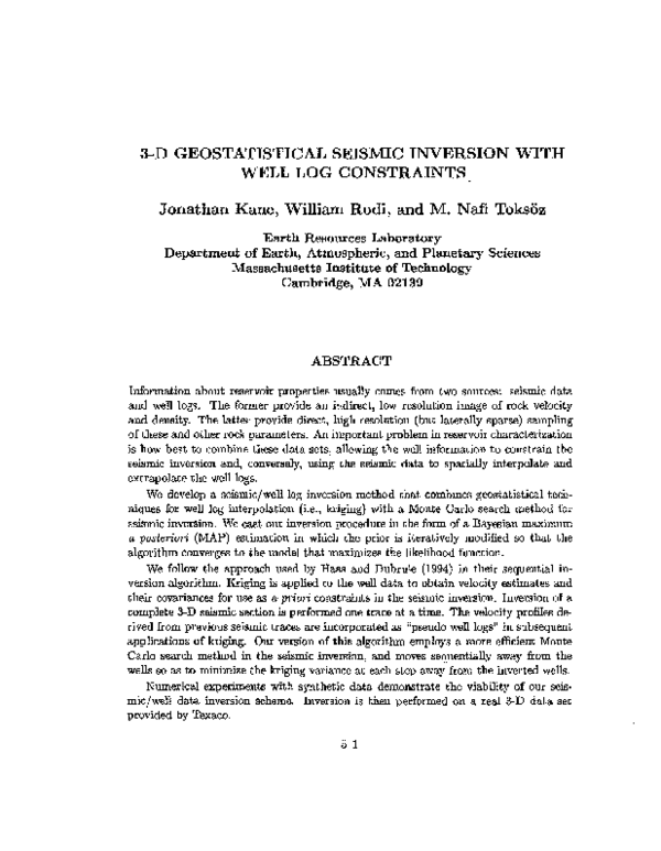 (PDF) 3-D Geostatistical Seismic Inversion With Well Log Constraints
