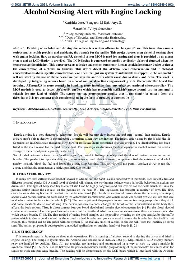 (PDF) Alcohol Sensing Alert with Engine Locking