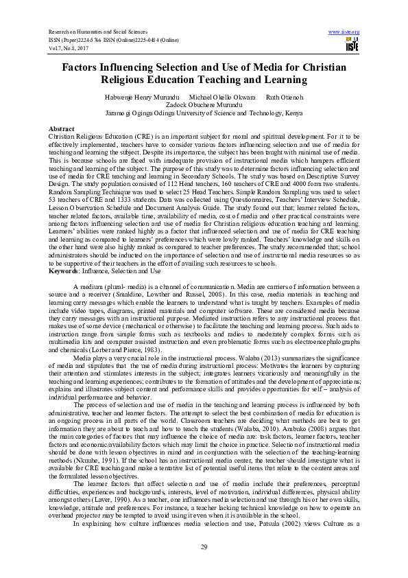 (PDF) Factors Influencing Selection and Use of Media for Christian Religious Education Teaching ...