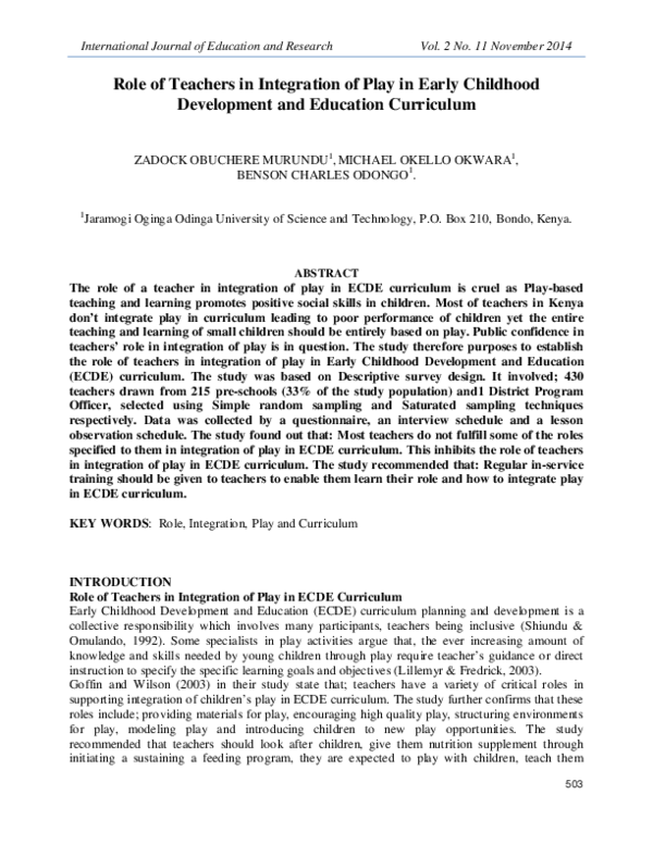 (PDF) Role of Teachers in Integration of Play in Early Childhood ...