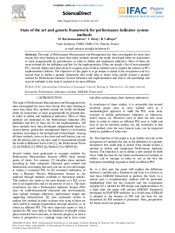 Pdf State Of The Art And Generic Framework For Performance Indicator System Methods Bruno 3492
