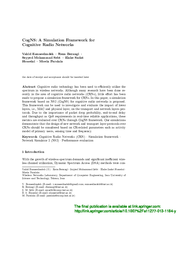 (PDF) CogNS: A Simulation Framework for Cognitive Radio Networks
