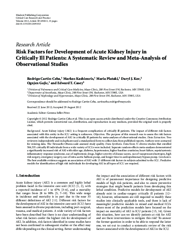 (PDF) Risk Factors for Development of Acute Kidney Injury in Critically ...