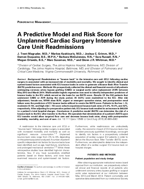 (PDF) A Predictive Model and Risk Score for Unplanned Cardiac Surgery ...