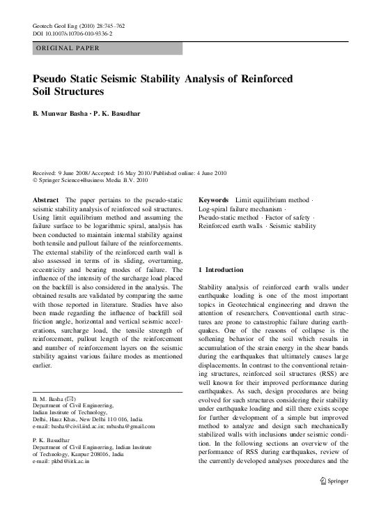 (PDF) Pseudo Static Seismic Stability Analysis of Reinforced Soil ...