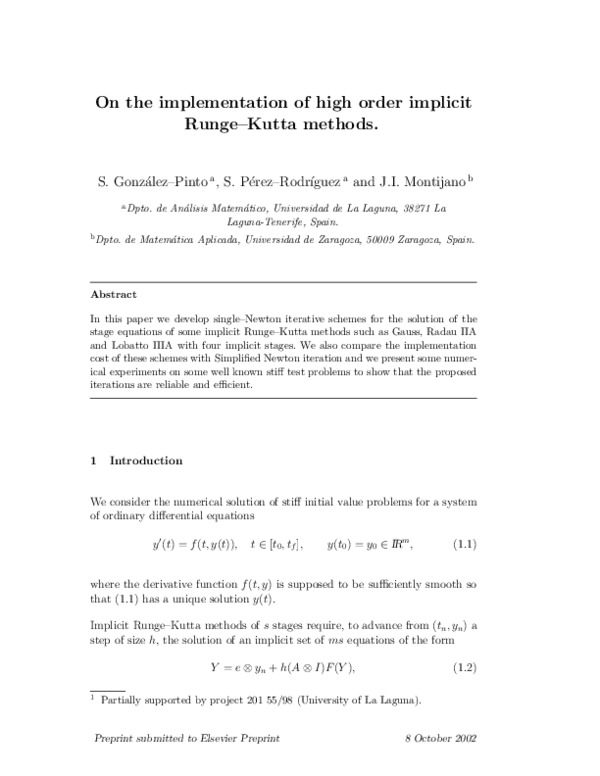 Pdf Implementation Of High Order Implicit Runge Kutta Methods S Pérez Rodríguez