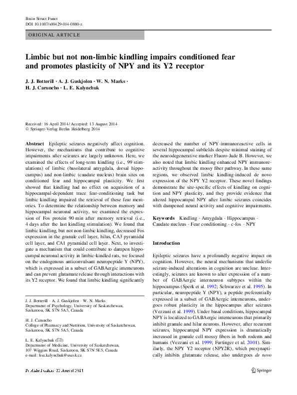 (PDF) Limbic but not non-limbic kindling impairs conditioned fear and ...