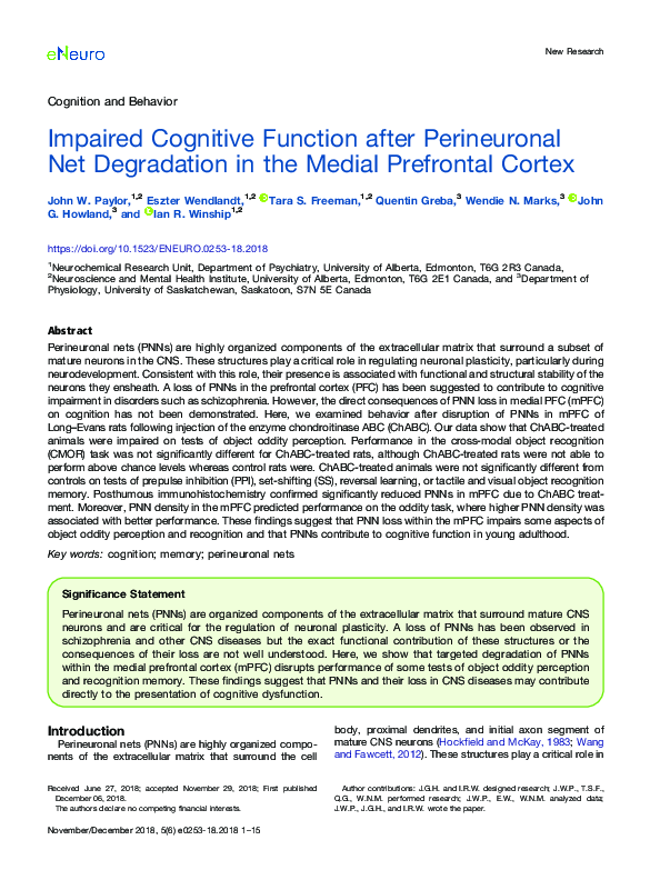 (PDF) Impaired Cognitive Function after Perineuronal Net Degradation in the Medial Prefrontal Cortex