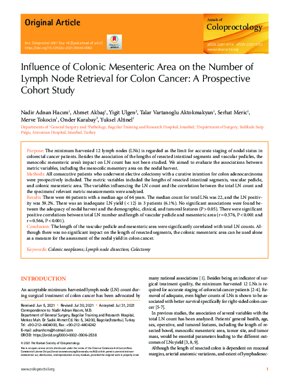 (PDF) Influence of Colonic Mesenteric Area on the Number of Lymph Node ...