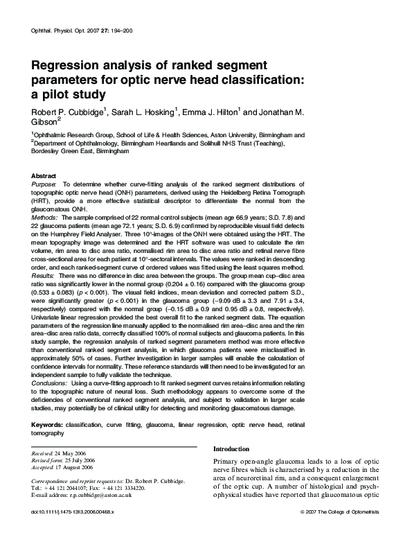 (PDF) Regression analysis of ranked segment parameters for optic nerve head classification: a ...