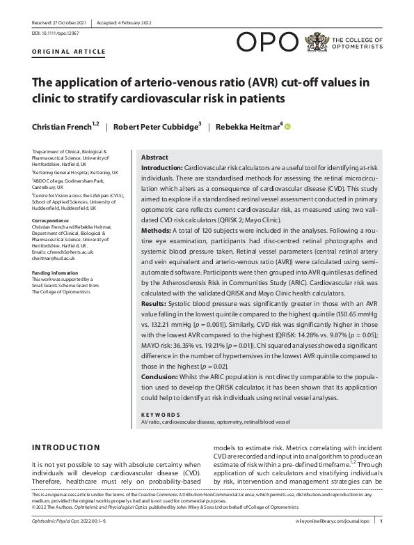(PDF) The application of arterio‐venous ratio (AVR) cut‐off values in ...