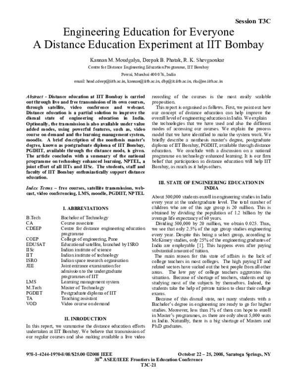 (PDF) Engineering education for everyone a distance education ...