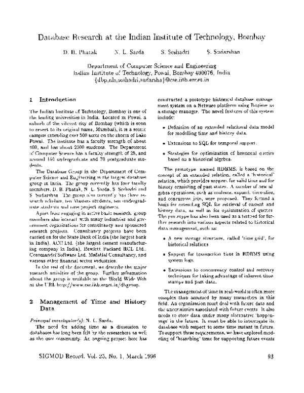 (PDF) Database research at the Indian Institute of Technology, Bombay
