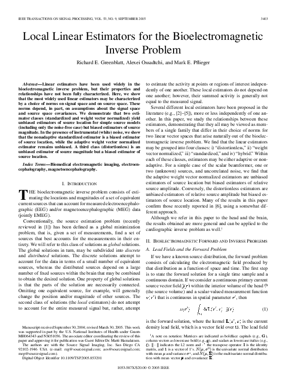 (PDF) Local linear estimators for the bioelectromagnetic inverse problem